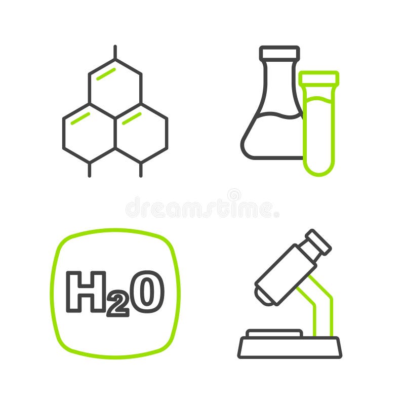 Set Line Microscope, Chemical Formula H2O, Test Tube and Icon. Vector ...