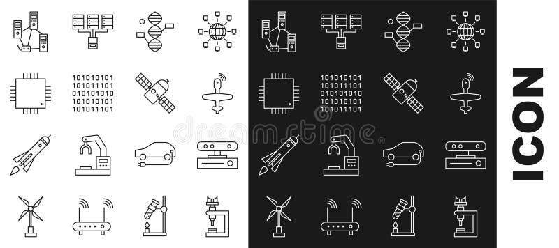 Set Line Microscope, Motion Sensor, UAV Drone, DNA Symbol, Binary Code ... Set Line Microscope, Motion Sensor, UAV Drone, DNA Symbol, Binary Code ...
