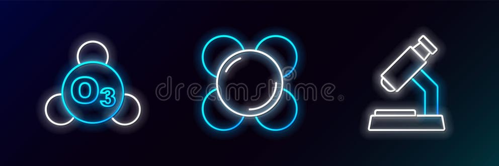 Set Line Microscope, Ozone and Molecule Icon. Glowing Neon. Vector ...