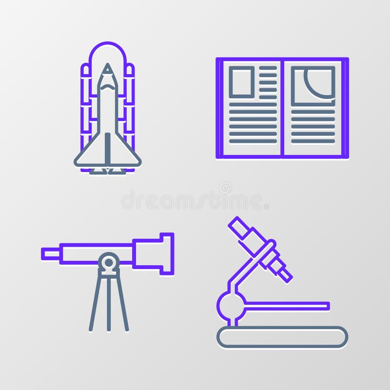 Set Line Microscope, Telescope, Open Book and Space Shuttle and Rockets ...