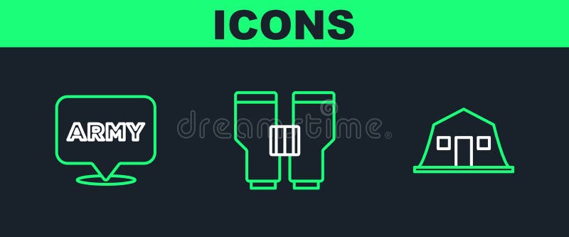 Set Line Military Barracks, Army and Binoculars Icon. Vector Stock ...