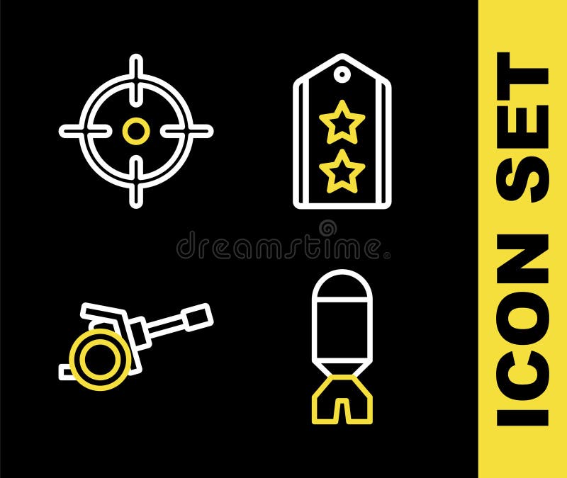 Set Line Military Rank, Rocket Launcher, Howitzer and Target Sport Icon ...