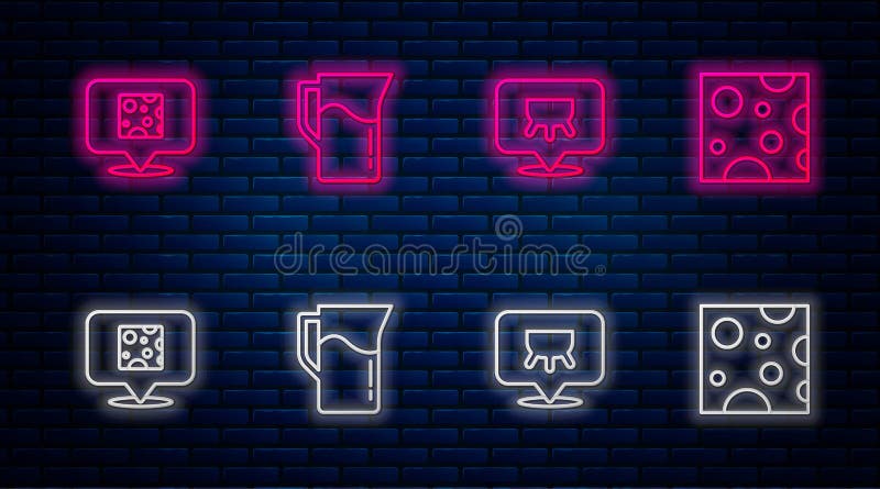 Set Line Milk Jug or Pitcher, Udder, Cheese and . Glowing Neon Icon on ...