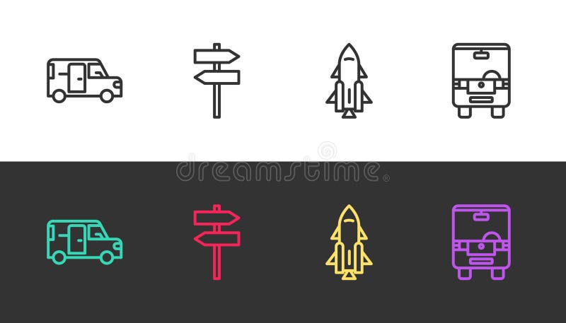 Set Line Minibus, Road Traffic Signpost, Rocket Ship with Fire and Bus ...