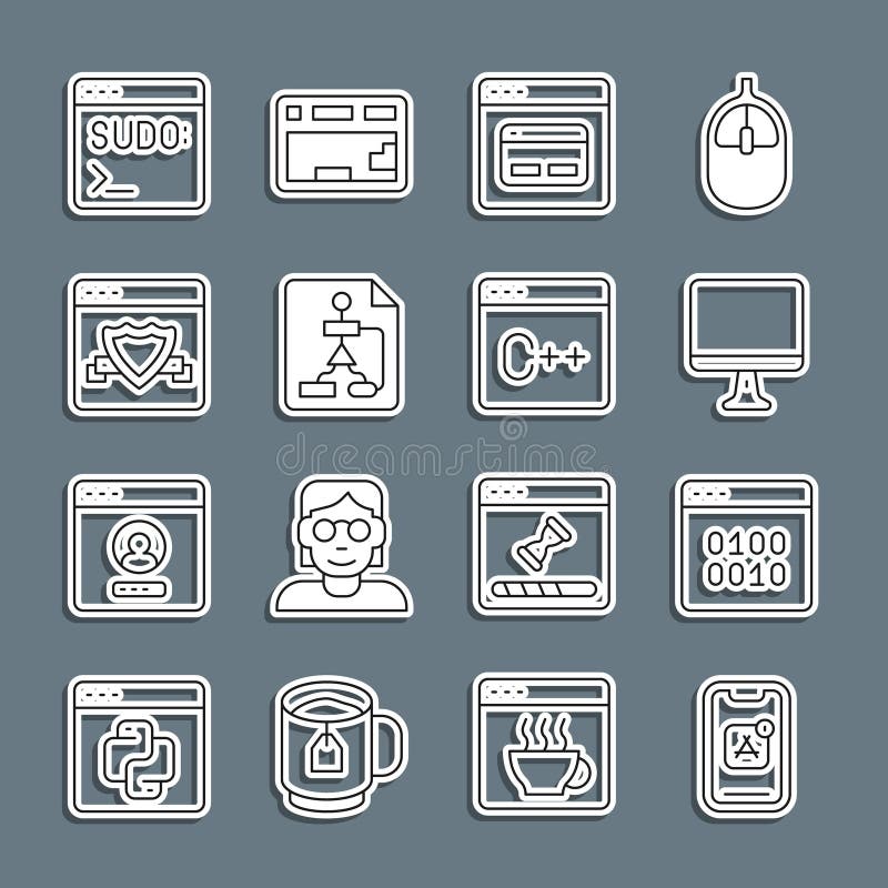 Set Line Mobile Apps, Binary Code, Computer Monitor Screen, Search Engine, Flowchart, Browser ...