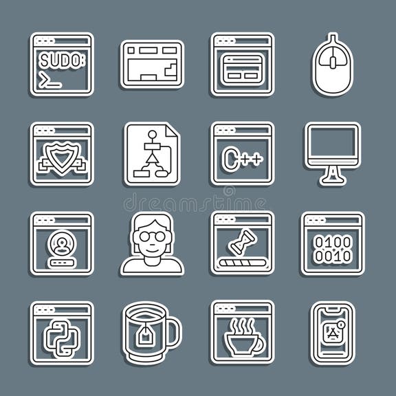 Set Line Mobile Apps, Binary Code, Computer Monitor Screen, Search Engine, Flowchart, Browser ...