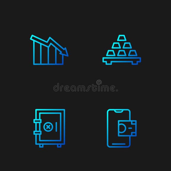 Set Line Mobile Banking, Safe, Financial Growth Decrease and Gold Bars. Gradient Color Icons ...