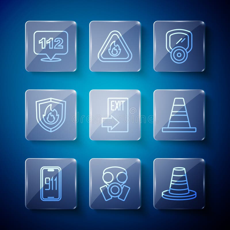 Set Line Mobile Emergency Call 911, Gas Mask, Traffic Cone, Fire Exit ...