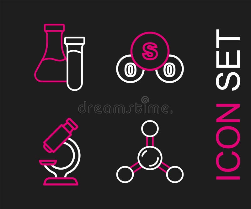 Set Line Molecule, Microscope, Sulfur Dioxide SO2 and Test Tube Icon ...