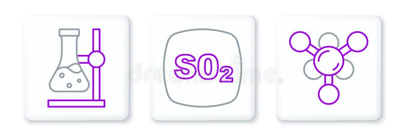 Set Line Molecule, Test Tube Flask on Stand and Sulfur Dioxide SO2 Icon ...