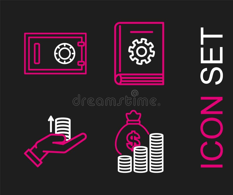 Set Line Money Bag and Coin, Hand, User Manual and Safe Icon. Vector ...