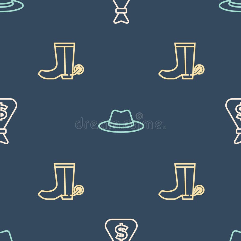 Set Line Money Bag, Cowboy Boot and Western Cowboy Hat on Seamless ...