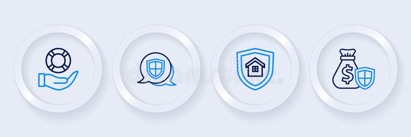 Set Line Money Bag with Shield, House, Shield and Lifebuoy in Hand Icon ... Set Line Money Bag with Shield, House, Shield and Lifebuoy in Hand Icon ...