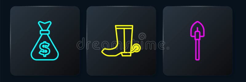 Set Line Money Bag, Shovel and Cowboy Boot. Black Square Button Stock ...