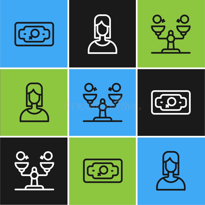 Set Line Money Growth Woman Gender Equality And Female Icon Vector