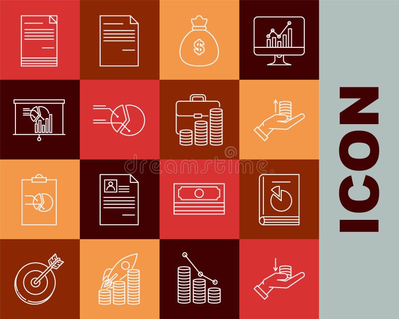 Set Line Money on Hand, User Manual, Bag, Pie Chart Infographic, Board ...