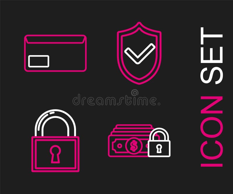 Set Line Money with Lock, Lock, Shield Check Mark and Envelope Icon ... Set Line Money with Lock, Lock, Shield Check Mark and Envelope Icon ...