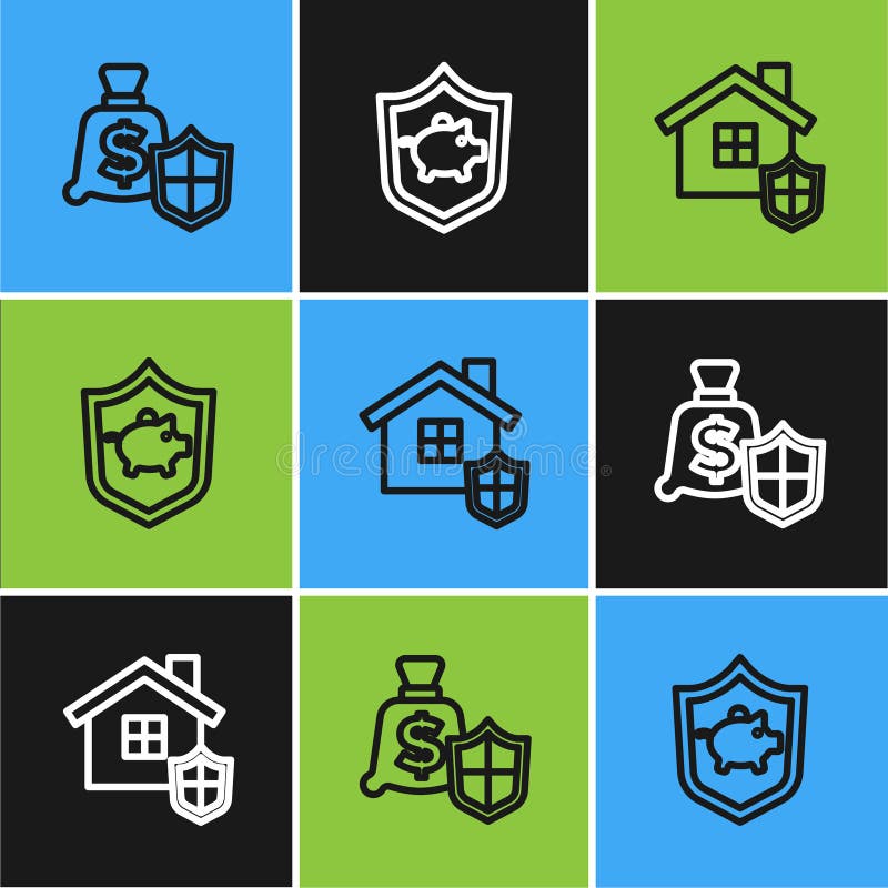 Set Line Money with Shield, House and Piggy Bank Icon. Vector Stock ... Set Line Money with Shield, House and Piggy Bank Icon. Vector Stock ...