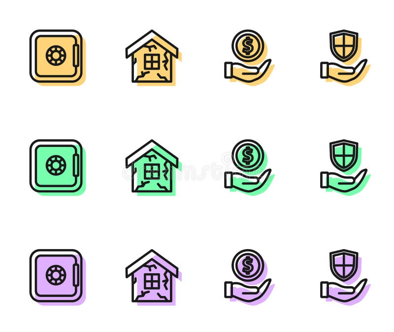 Set Line Money with Shield, Safe, House and Shield in Hand Icon. Vector ... Set Line Money with Shield, Safe, House and Shield in Hand Icon. Vector ...