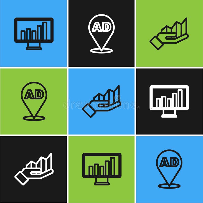 Set Line Monitor with Graph Chart, Pie Infographic and Advertising Icon ... Set Line Monitor with Graph Chart, Pie Infographic and Advertising Icon ...
