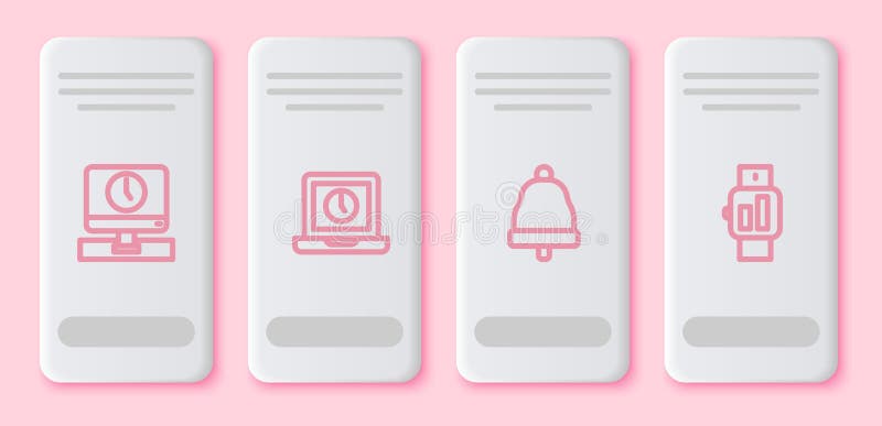 Set Line Monitor Time, Laptop, Ringing Bell and Smartwatch. White ...