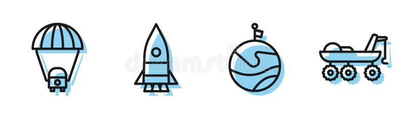 Set Line Moon with Flag, Planet Saturn, Rocket Ship and Mars Rover Icon ...