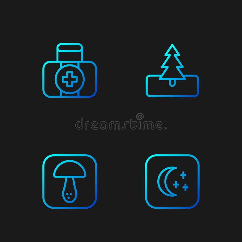 Set Line Moon and Stars, Mushroom, First Aid Kit and Tree. Gradient ...