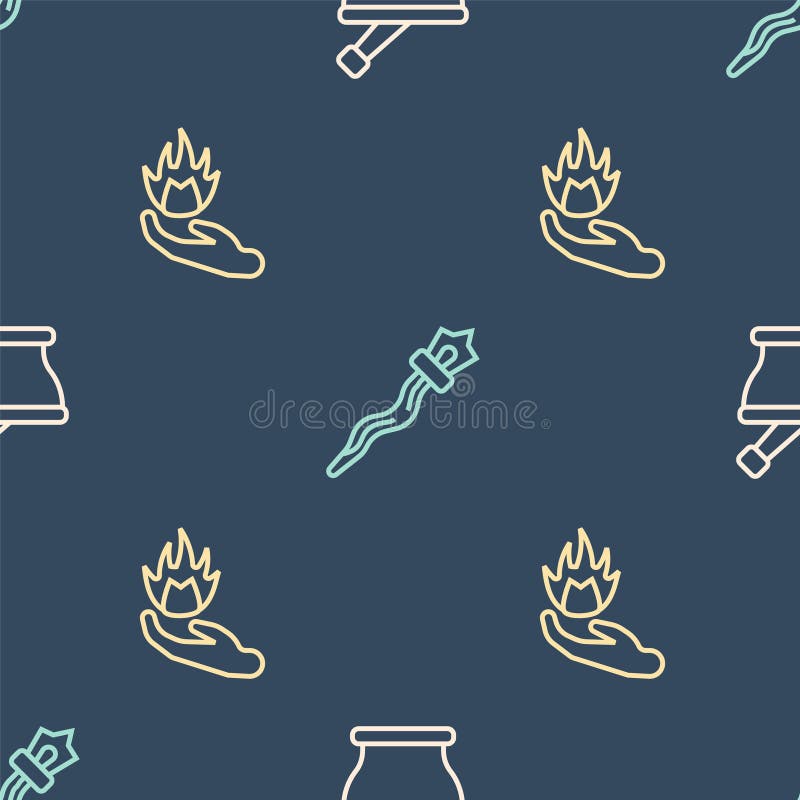 Set Line Mortar and Pestle, Hand Holding Fire and Magic Staff on ...