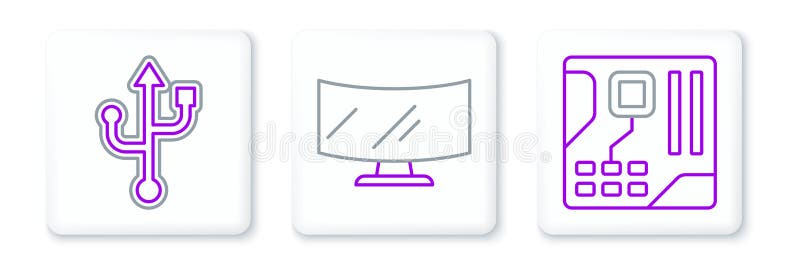 Set Line Motherboard Digital Chip, USB and Computer Monitor Screen Icon ...