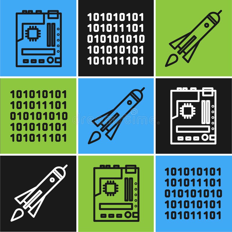 Set Line Motherboard, Rocket Ship with Fire and Binary Code Icon ... Set Line Motherboard, Rocket Ship with Fire and Binary Code Icon ...