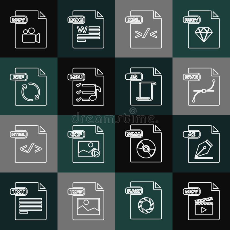 Set Line MOV File Document, AI, SVG, XSL, M3U, GIF, and JS Icon. Vector ... Set Line MOV File Document, AI, SVG, XSL, M3U, GIF, and JS Icon. Vector ...