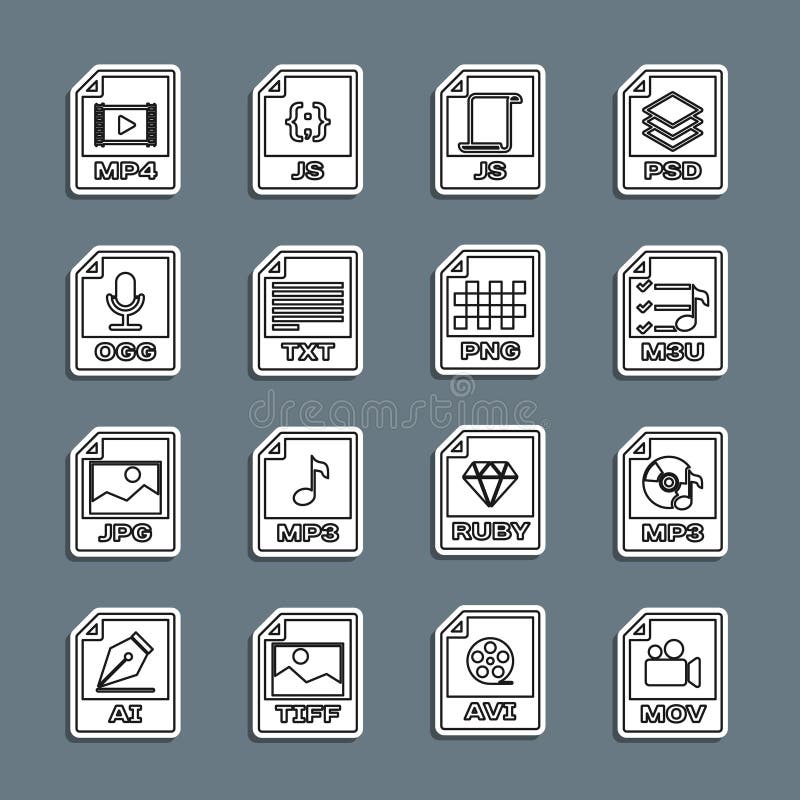 Set Line MOV File Document, MP3, M3U, JS, TXT, OGG, MP4 and PNG Icon ... Set Line MOV File Document, MP3, M3U, JS, TXT, OGG, MP4 and PNG Icon ...