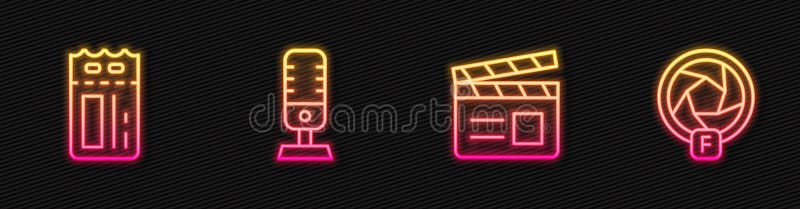 Set Line Movie Clapper, Cinema Ticket, Microphone and Camera Shutter ...