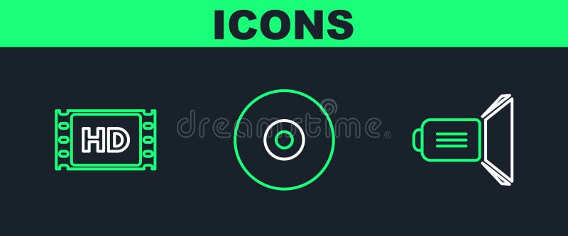 Set Line Movie Spotlight, 4k Movie, Tape, Frame and CD or DVD Disk Icon ...