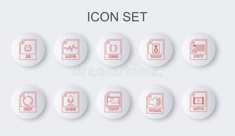 Set Line MP4 File Document, GIF, CSS, WMA, JS, MP3, OGG and TIFF Icon ... Set Line MP4 File Document, GIF, CSS, WMA, JS, MP3, OGG and TIFF Icon ...