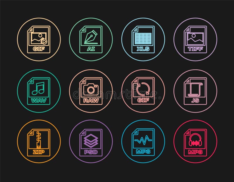 Set Line MP3 File Document, JS, XLS, RAW, WAV, GIF, and AI Icon. Vector ... Set Line MP3 File Document, JS, XLS, RAW, WAV, GIF, and AI Icon. Vector ...