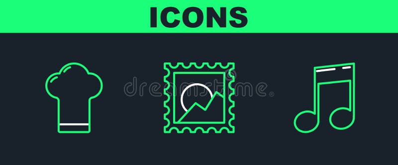 Set Line Music Note, Tone, Chef Hat and Picture Landscape Icon. Vector ...