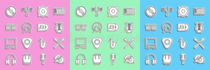 Set Line Music Note, Tone, Drum Sticks, Ancient Lyre, Stereo Speaker ...