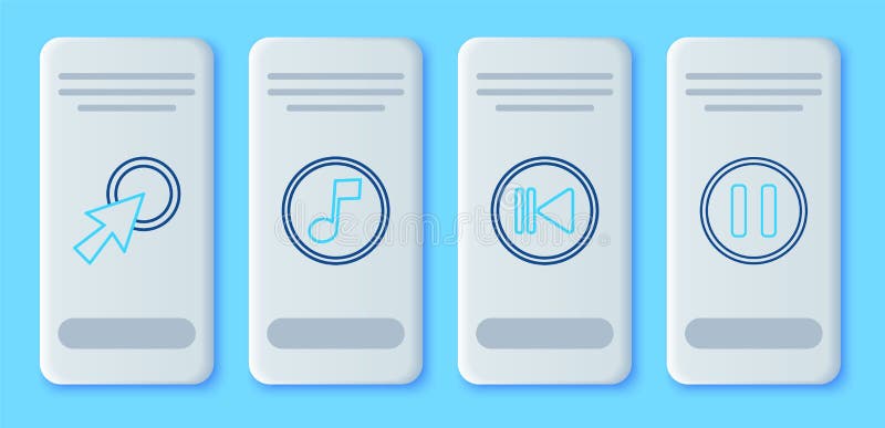 Set Line Music Note, Tone, Rewind, Arrow Cursor and Pause Button Icon ...