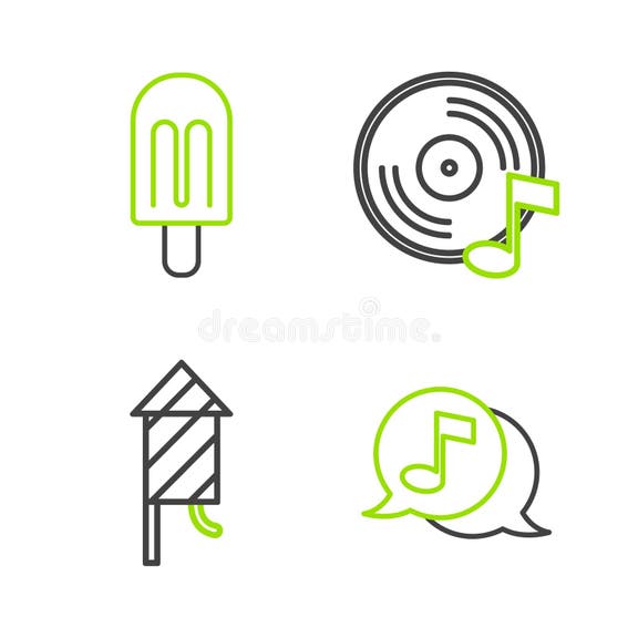 Set Line Musical Note in Speech Bubble, Firework Rocket, Vinyl Disk and ...