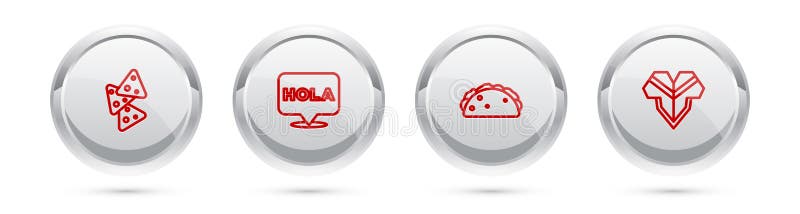 Set Line Nachos, Hola, Taco with Tortilla and Poncho. Silver Circle ...