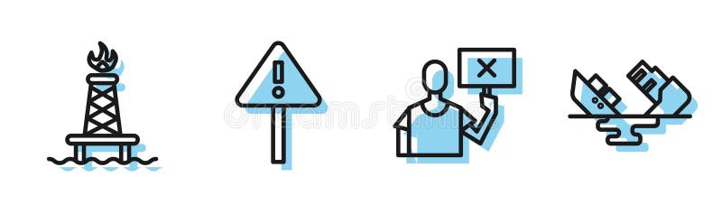 Set Line Nature Saving Protest, Oil Rig with Fire, Exclamation Mark in ...