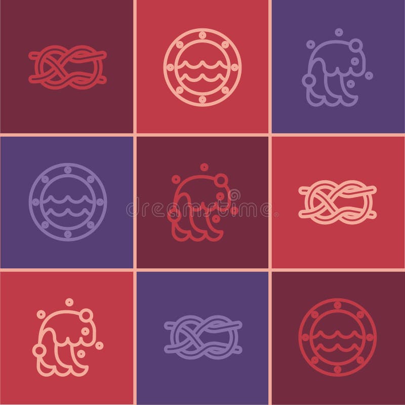 Set Line Nautical Rope Knots, Tsunami and Ship Porthole Icon. Vector ...