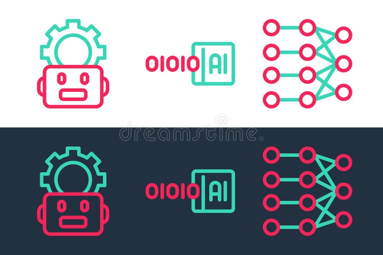 Set Line Neural Network, Robot Setting and Binary Code Icon. Vector Stock Illustration ...