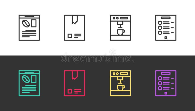 Set Line Newspaper and Coffee, Bag Beans, Coffee Machine and Menu on ...