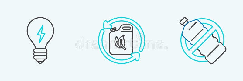 Set Line No Plastic Bottle, Light Bulb with Lightning Symbol and Bio ...