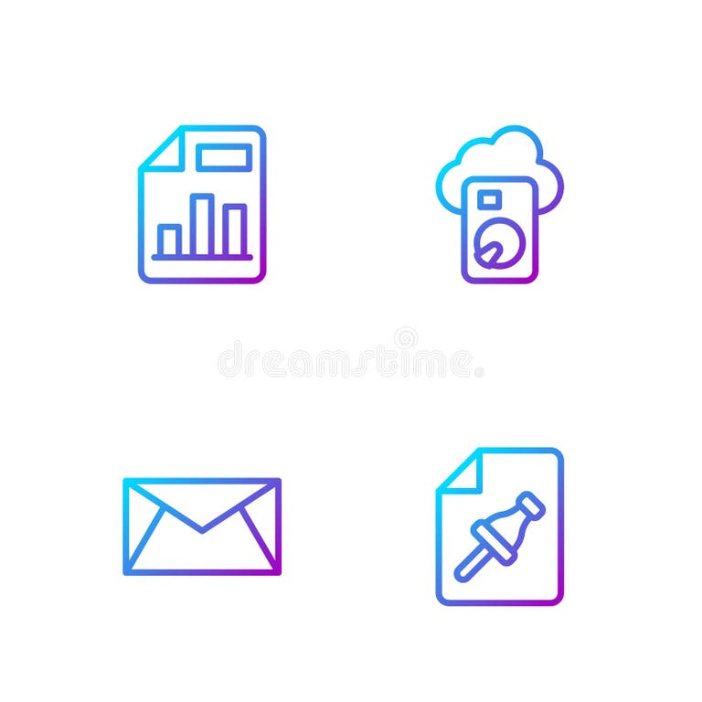 Set Line Note Paper with Push Button, Mail and E-mail, Document Graph Chart and Cloud Database ...