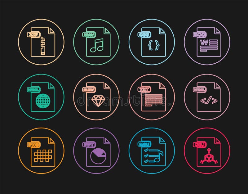 Set Line Obj File Document Html Css Ruby Zip Txt E Icono Wav. Vector ... Set Line Obj File Document Html Css Ruby Zip Txt E Icono Wav. Vector ...