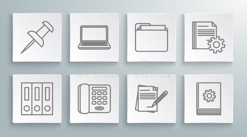 Set Line Office Folders with Papers and Documents, Laptop, Telephone ...
