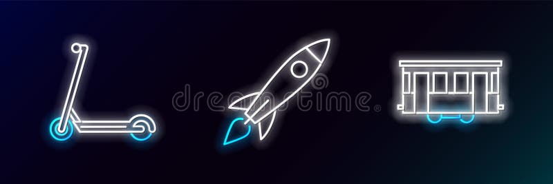 Set Line Old City Tram, Scooter and Rocket Ship with Fire Icon. Glowing ...